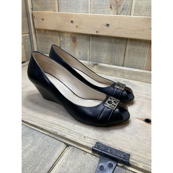 Coach | Shoes | Coach Piper Black Leather Classic Peeptoe Wedge Work ...